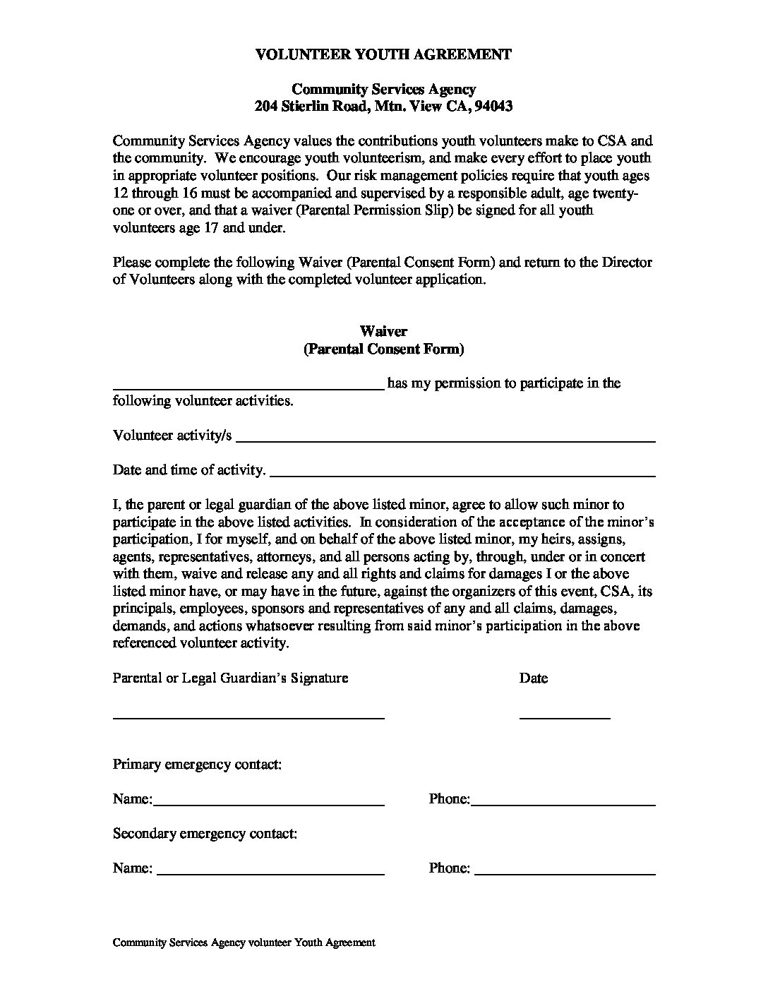 Youth_Waiver | Community Services Agency of Los Altos and Mountain View