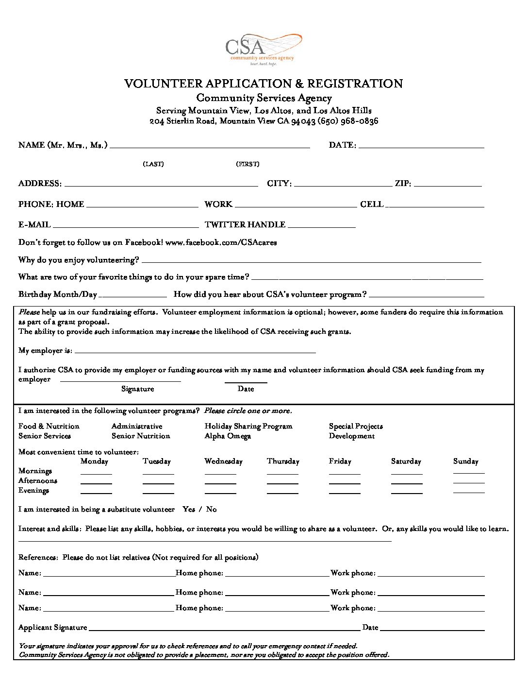 Volunteer Application | Community Services Agency of Los Altos and ...